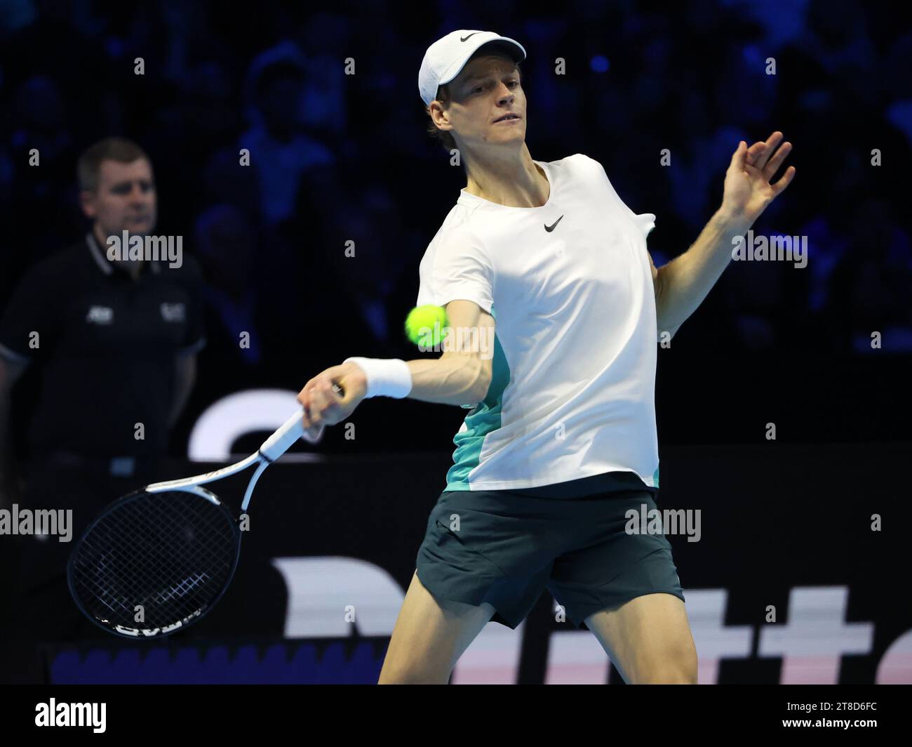 Turin, Italy. 19th Nov, 2023. Jannik Sinner hits a return during the final match between Novak ...