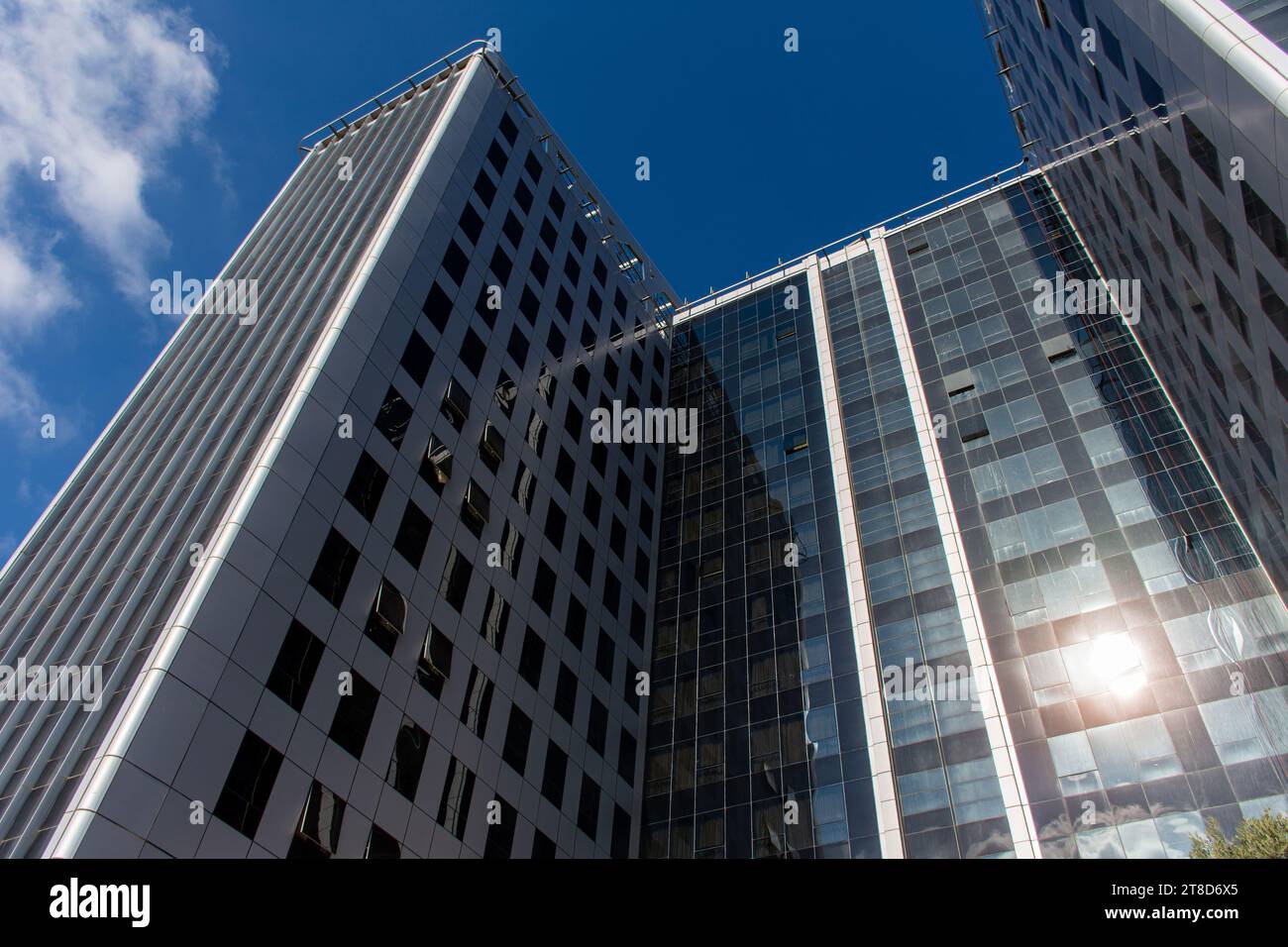 Low-angle view of Park Mall Setif building against a blue sky Stock ...
