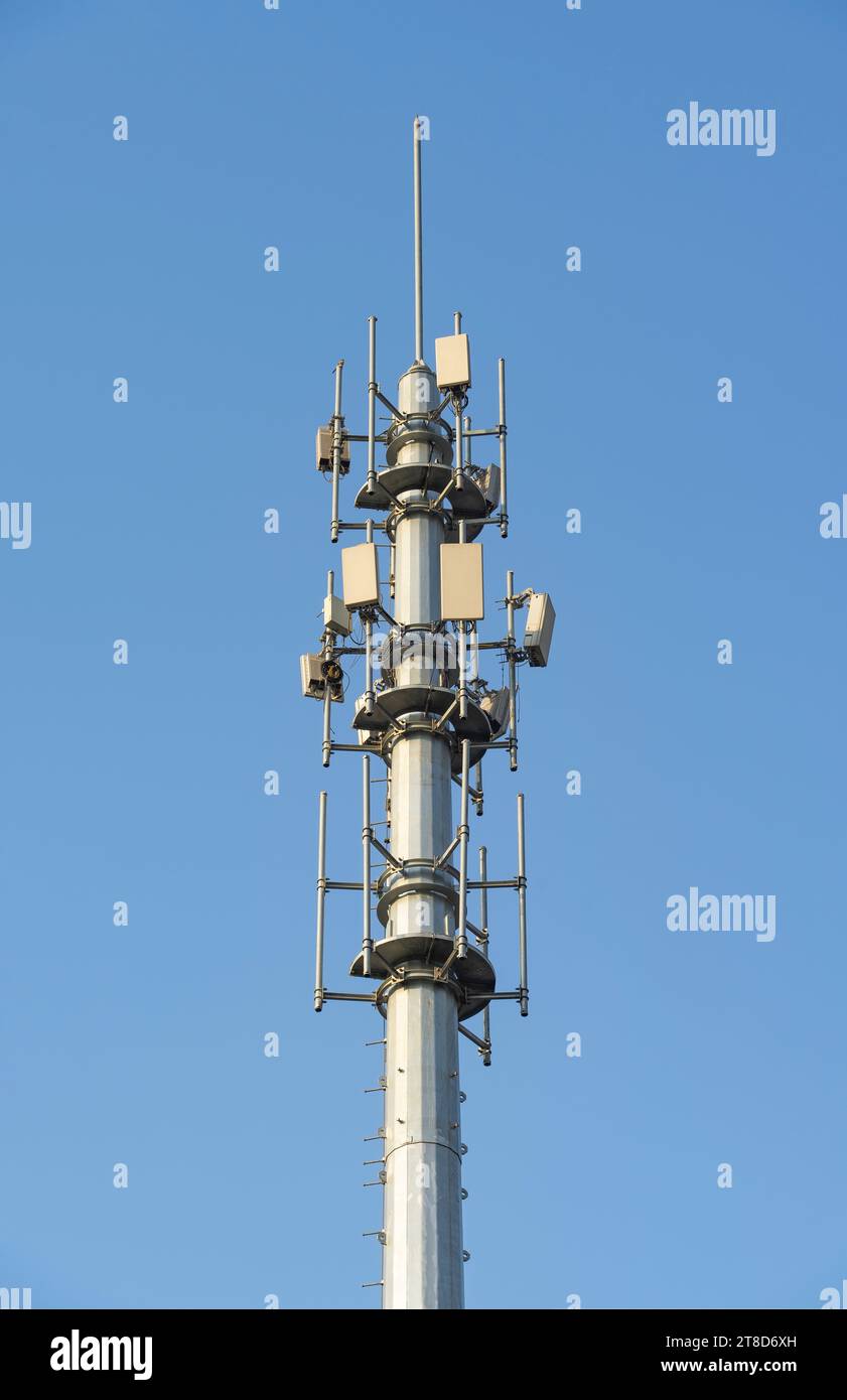 communication tower for 5G network telephone cellsite with dusk sky ...