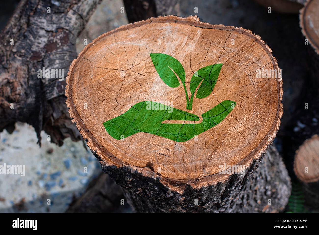 Plant in hand icon stamp on wood trunks. Log trunks pile, the logging ...