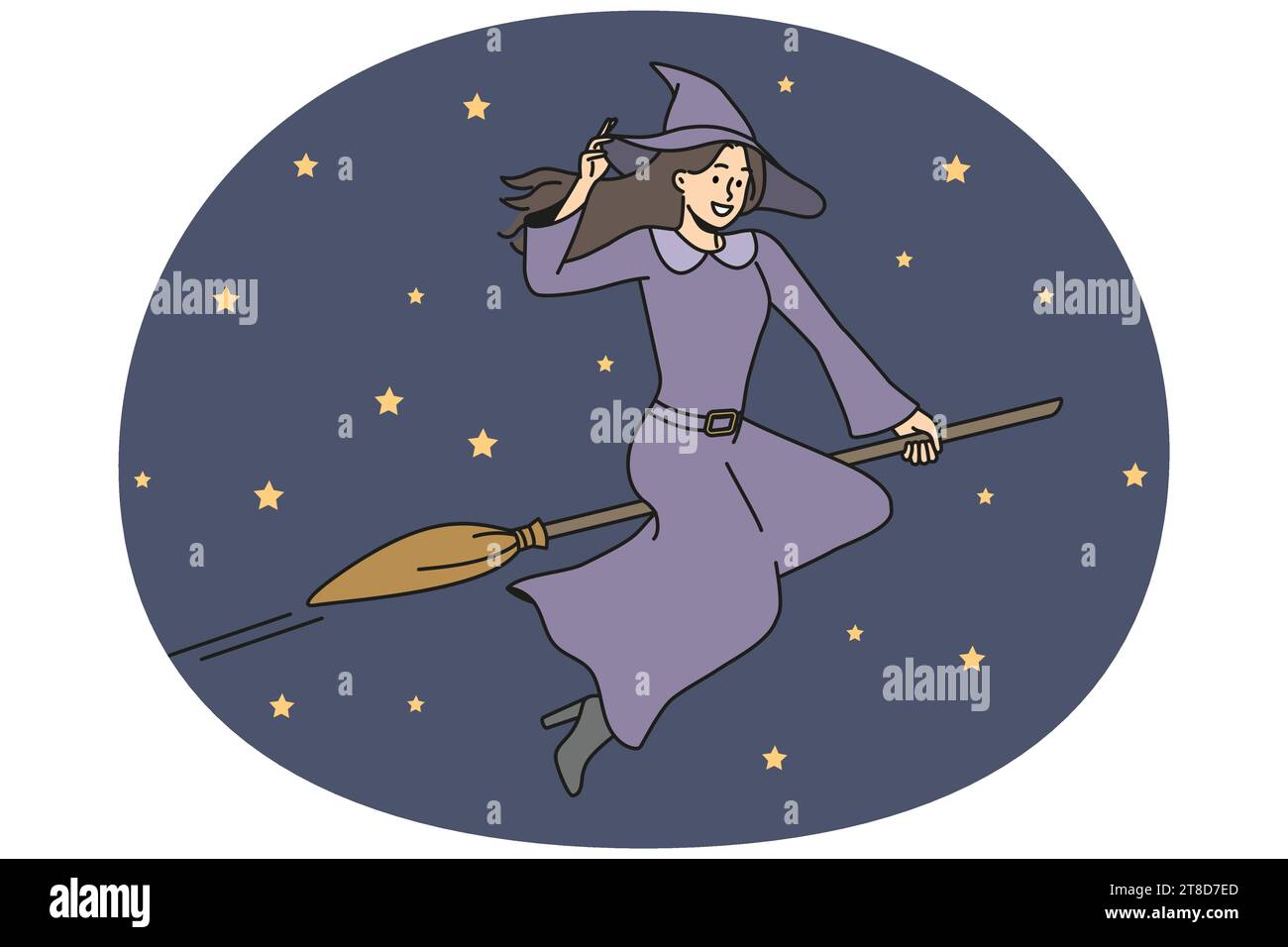 Smiling young witch in costume flying on broom in dark night sky. Happy ...
