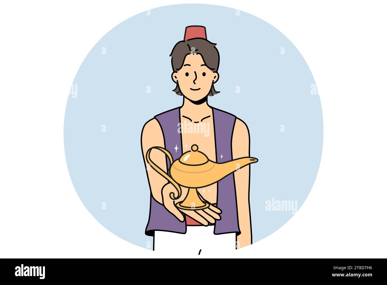 Smiling Aladdin holding wonderful lamp in hands. Happy male genie with ...