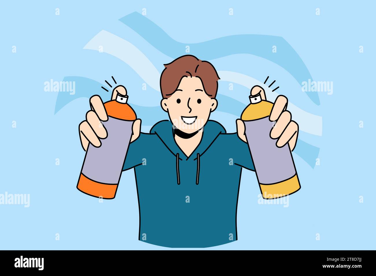 Man street artist draws graffiti holding two cans of paint in hands and ...