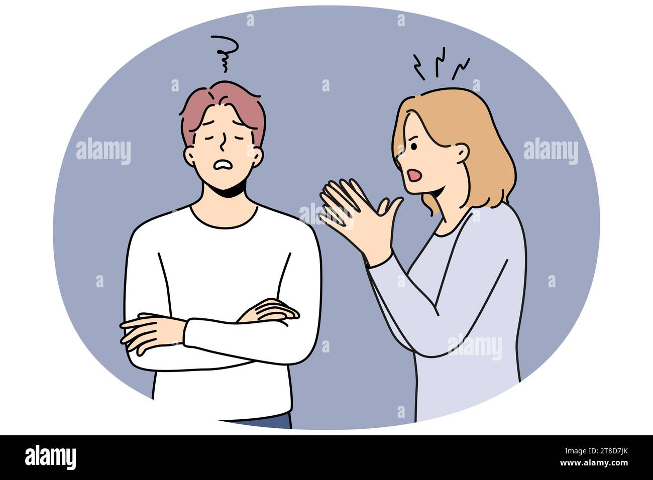 Angry young woman lecture annoyed man engaged in family ...