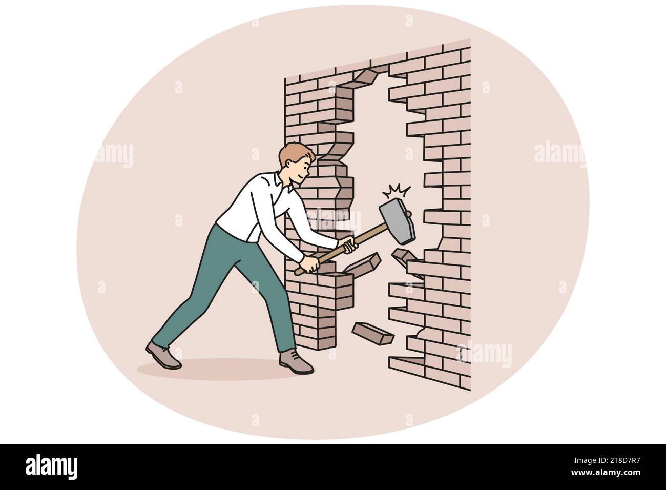 Young businessman with hammer crashing wall strive for business ...
