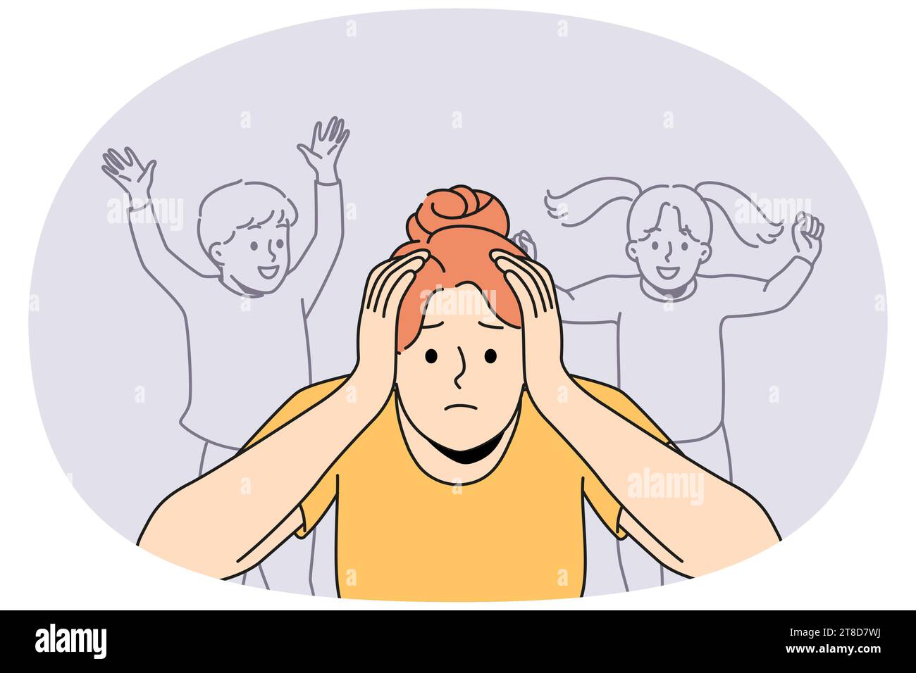 Stressed young mother annoyed with loud kids screaming. Unhappy ...