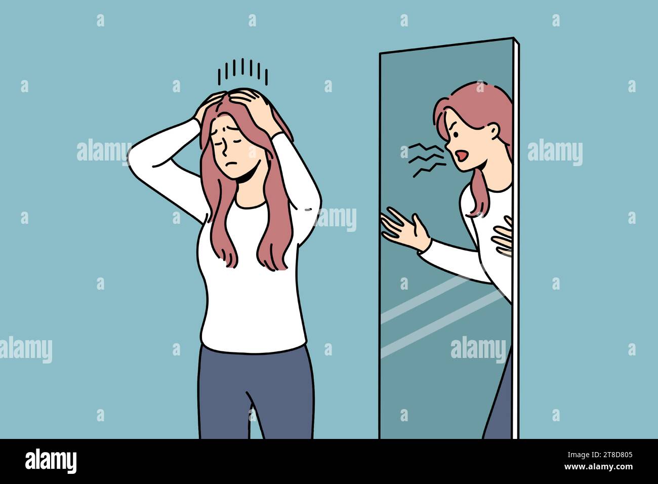 Woman is trying to restrain aggression, standing near mirror with angry ...