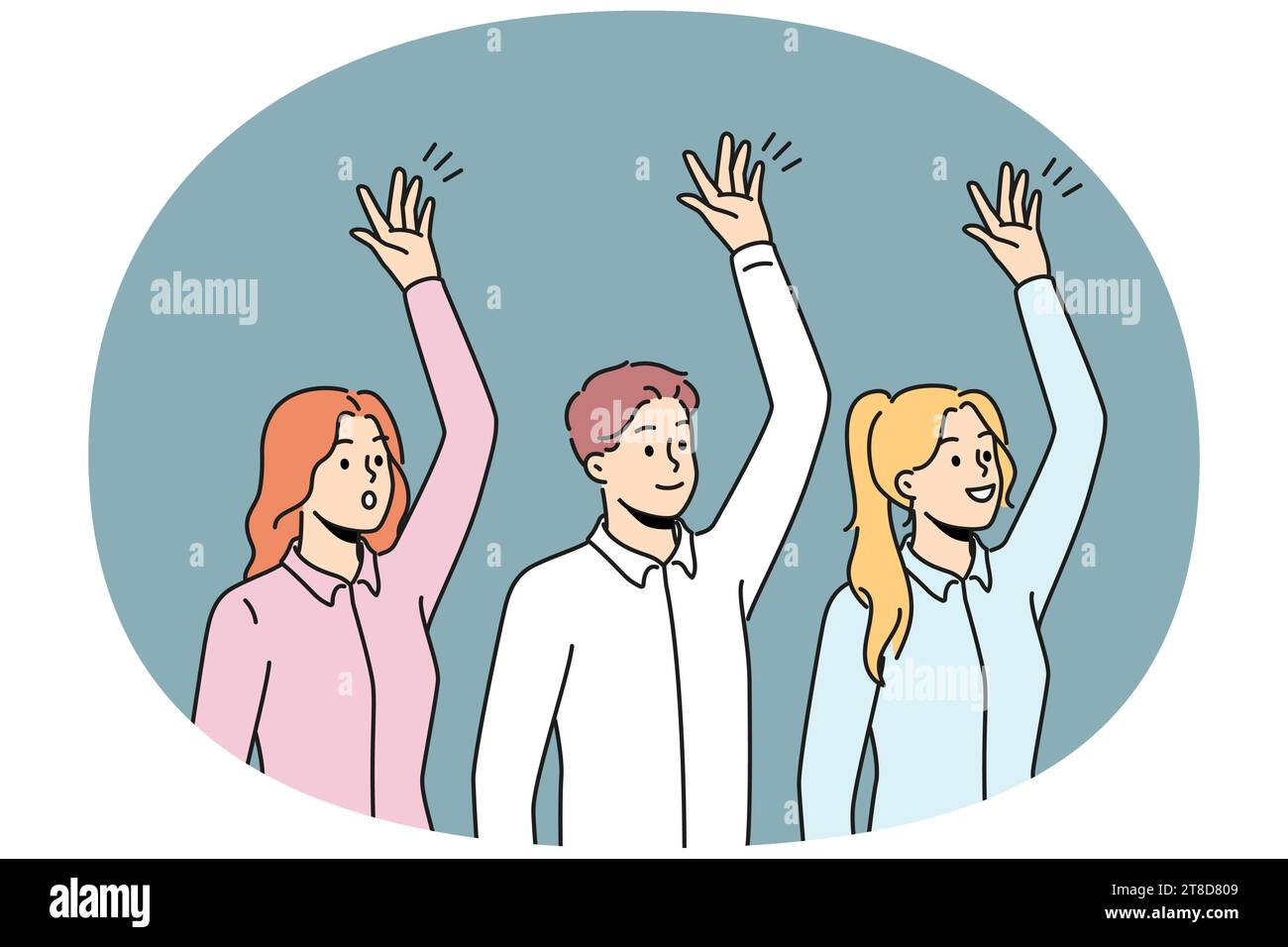 Happy businesspeople raise hands vote at workplace. Smiling employees ...