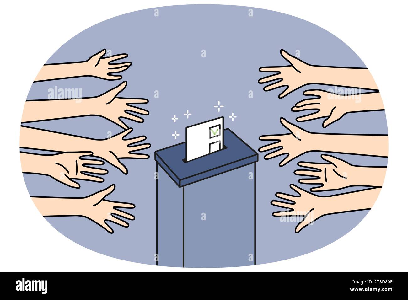 Diverse people near election box voting. Voters stretch hands throw ...