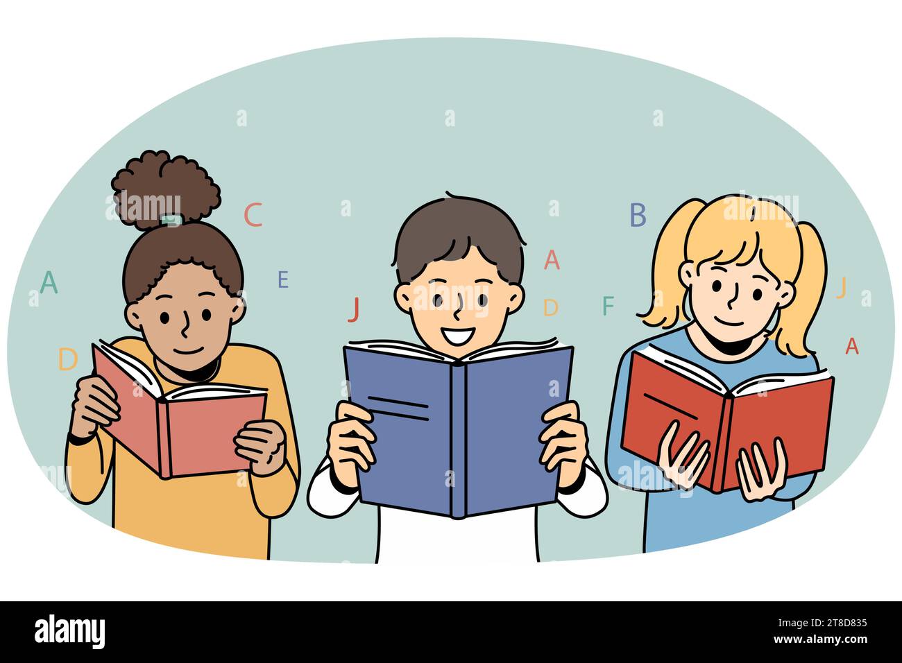 Smiling little children reading books together. Happy kids have fun ...