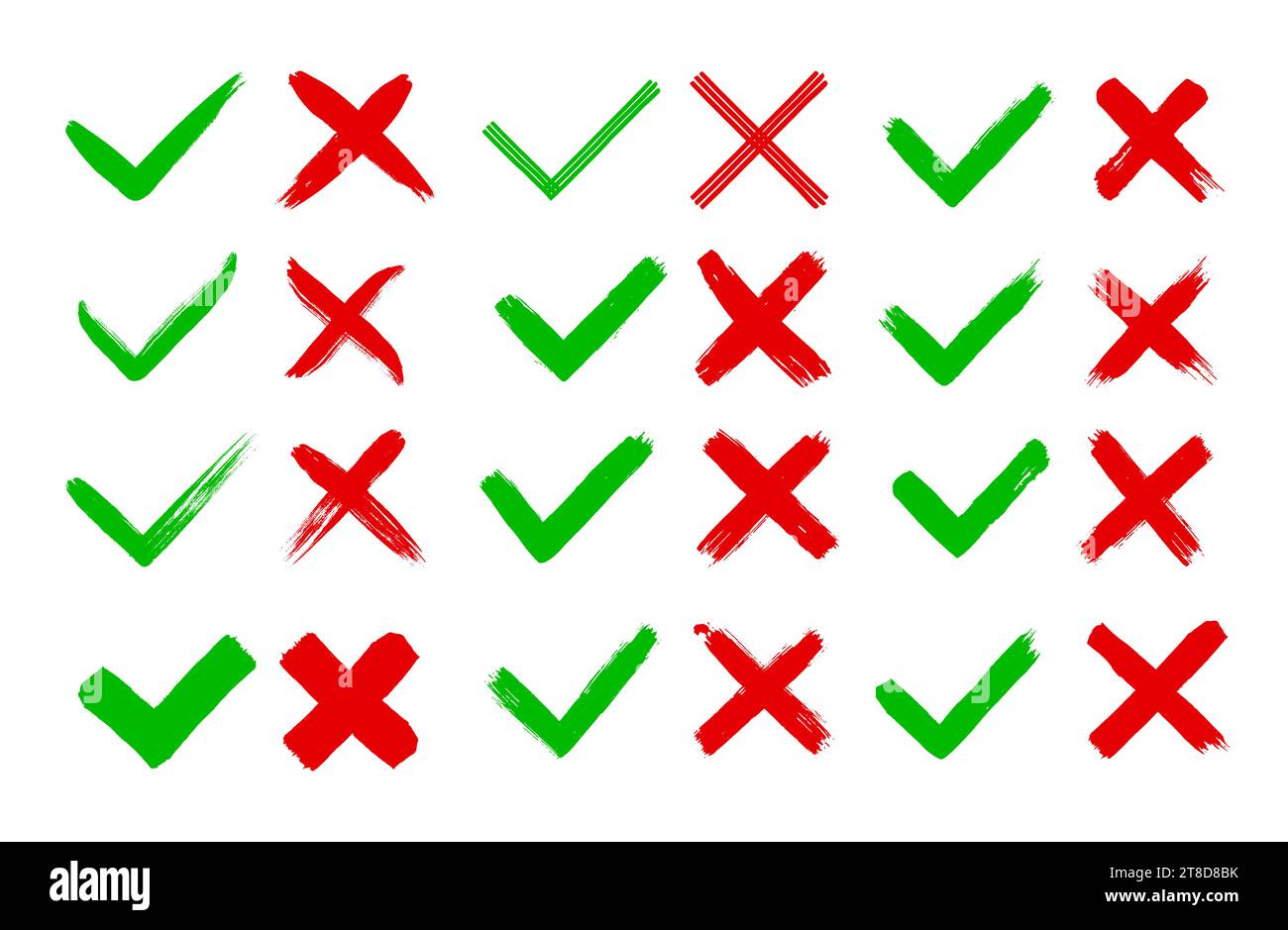 Dirty grunge hand drawn with brush strokes cross X and tick OK check ...