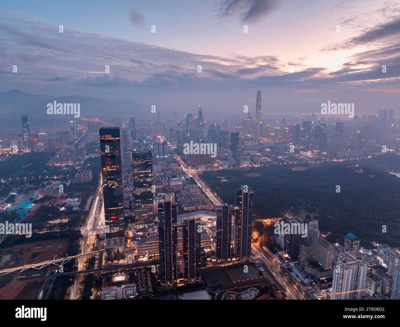 Drone fly over Shenzhen city central business district, aerial panorama ...
