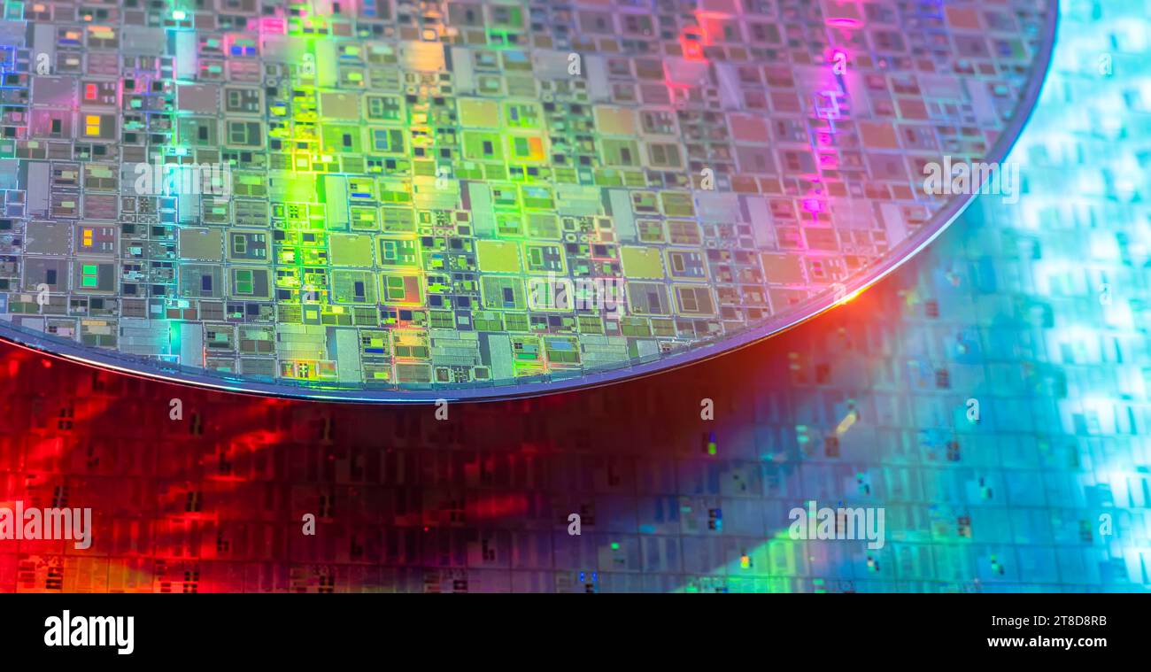Silicon Wafers with microchips used in electronics for the fabrication ...