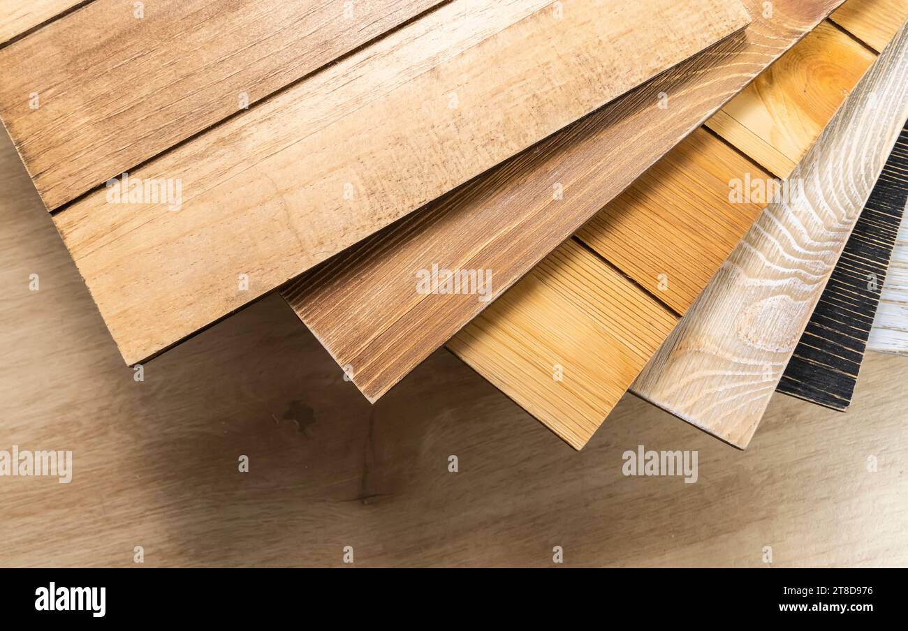 Stack of various construction sample wood boards Stock Photo - Alamy