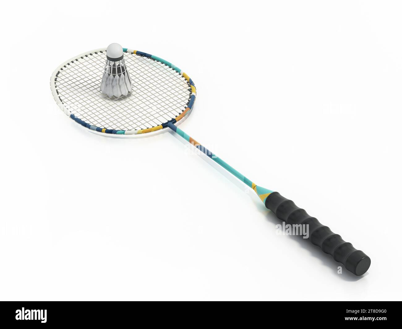Badminton rackets and shuttlecock isolated on white background. 3D ...