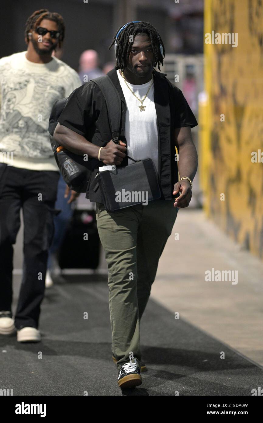 Tennessee Titans running back Tyjae Spears arrives to the stadium ...