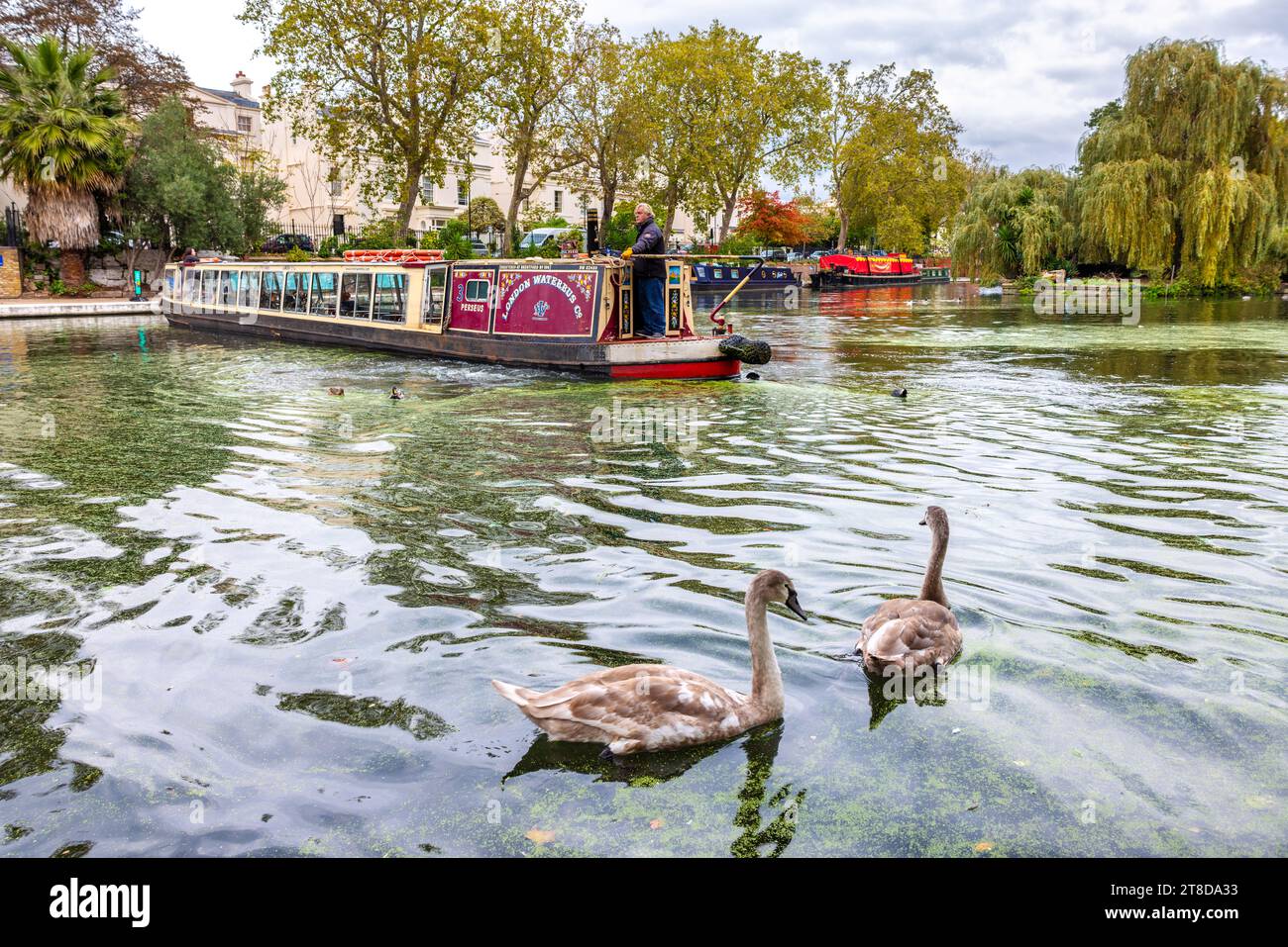 Waterbus moored to the shore in the Little Venice area in London ...