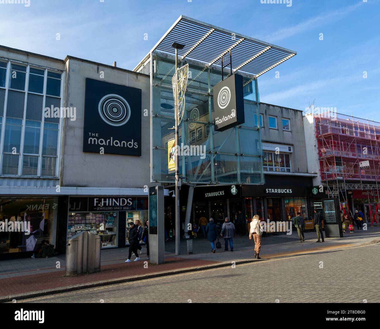 Shoppers in street outside Marlands Shopping Centre, opened 1991 ...