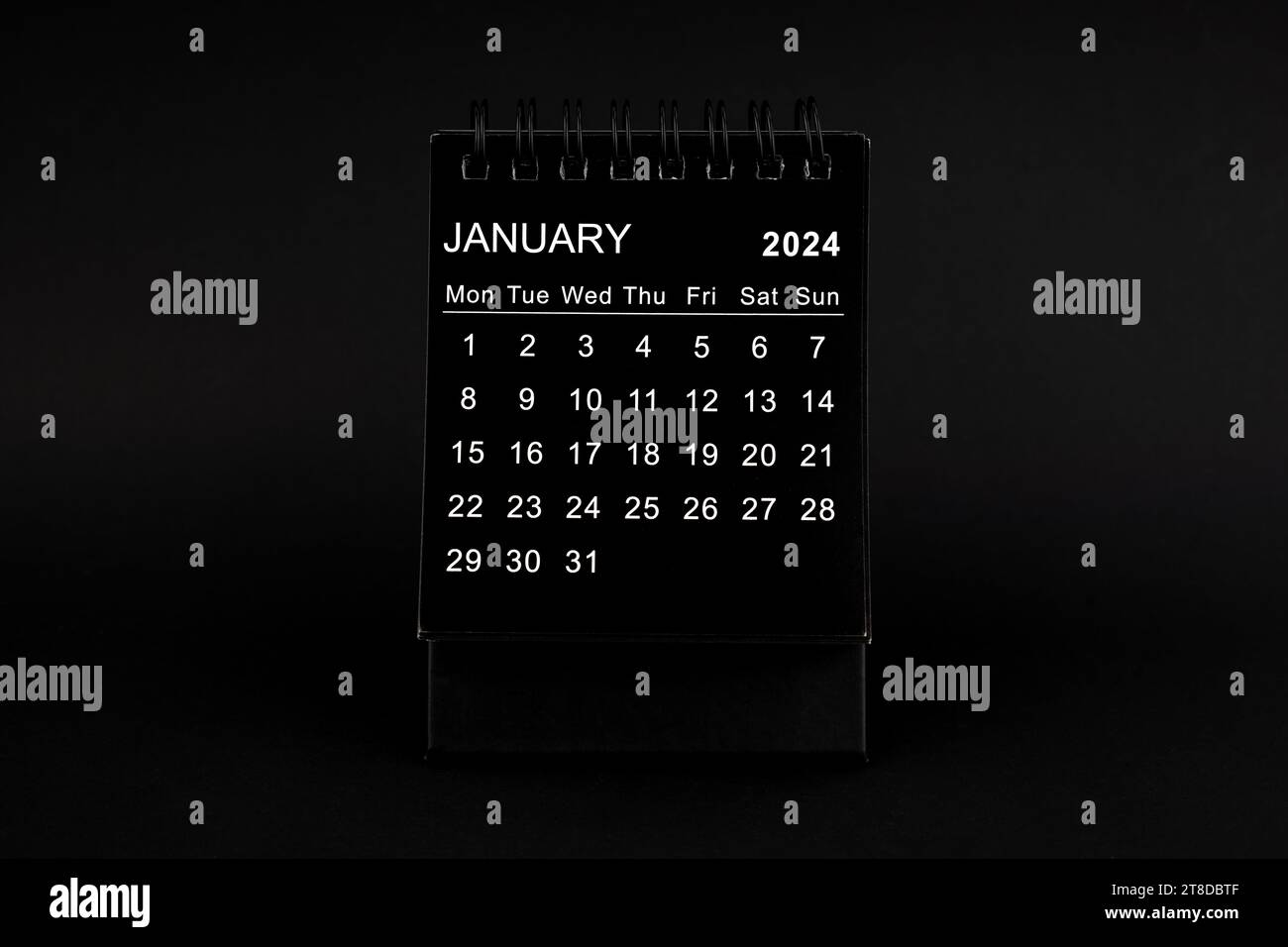 Black Calendar for January 2024 . Desktop calendar on a black color ...