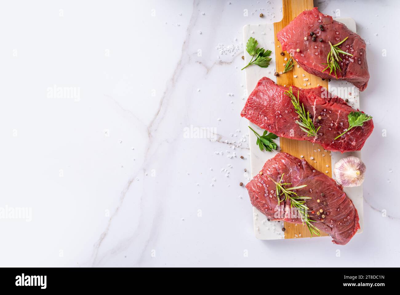 Cooking food background. Various cuts of raw fresh veal, beef, red meat ...