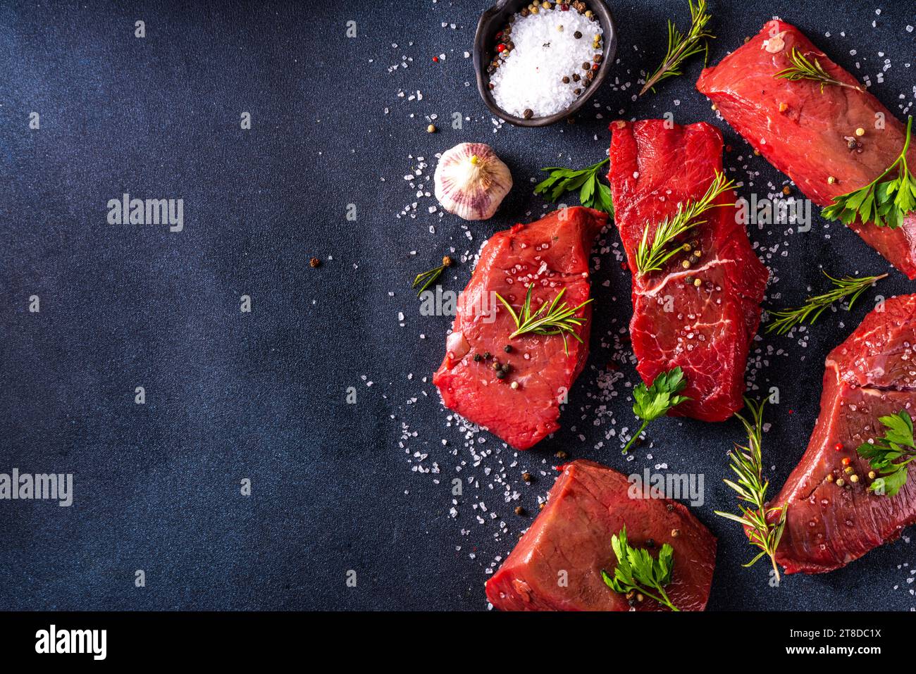 Cooking food background. Various cuts of raw fresh veal, beef, red meat ...