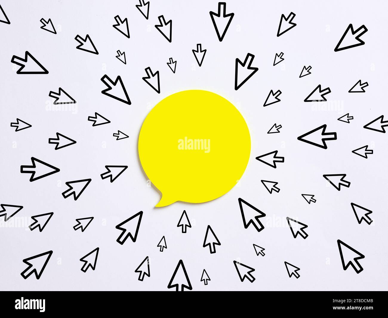 Blank yellow speech bubble surrounded by directional arrows. Background for announcement ...