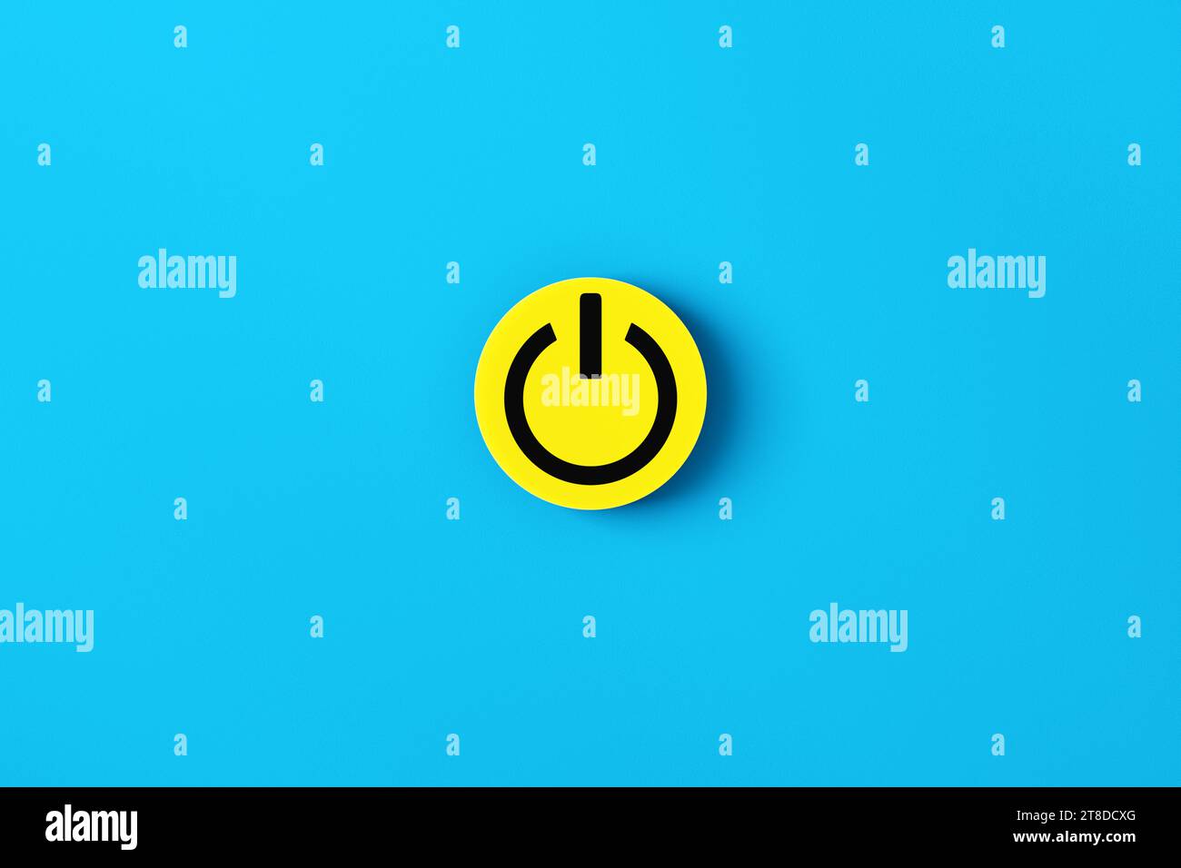 Start symbol on a yellow round button on blue background. Start button ...