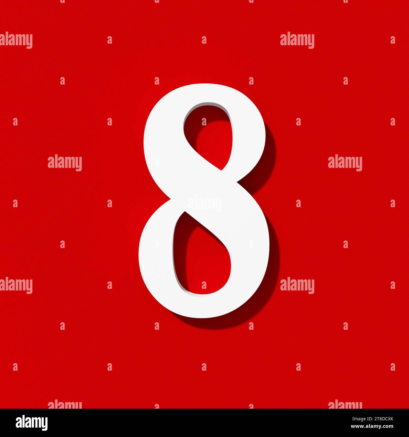 White number eight 8 on red background. Top view. 3D render Stock Photo ...