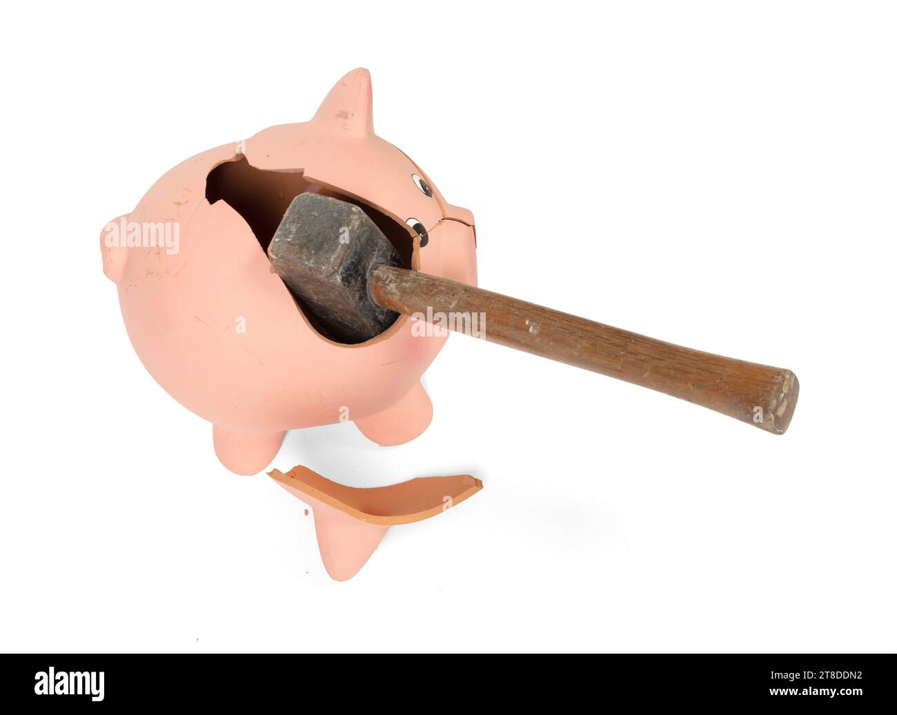 Hammer breaking piggy bank isolated on white Stock Photo - Alamy