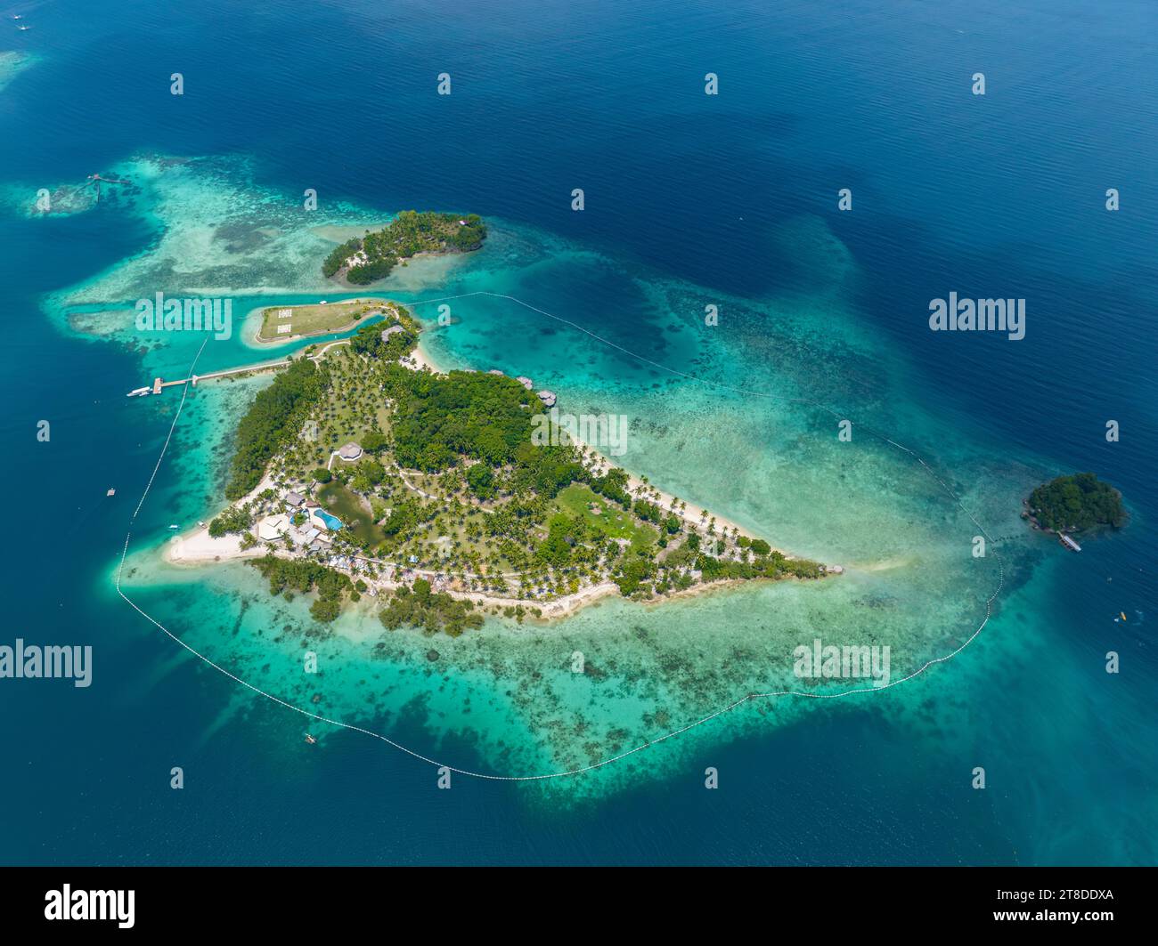 Coconut trees and green plants over small island with beach. Samal ...