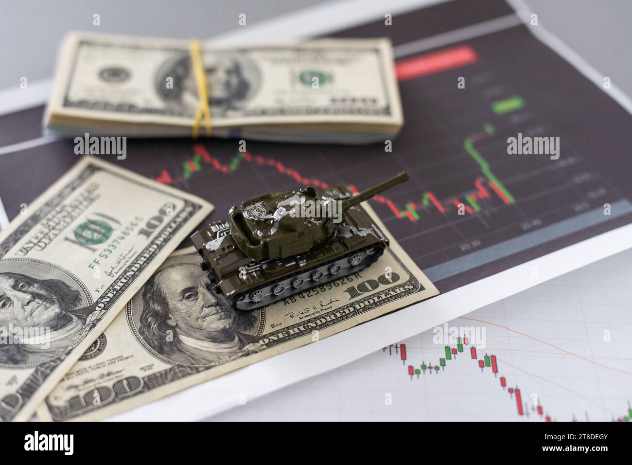 The main battle tank on US dollar bill banknotes background. U.S.A. and ...