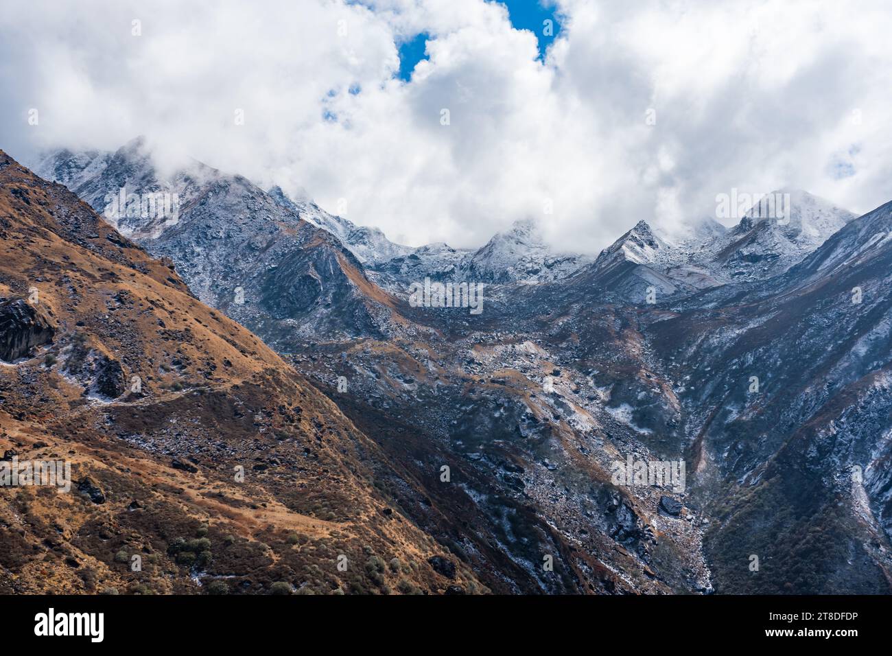 Trekking in the Kanchenjunga Conservation Area with dark Cloudy Himalyaan Mountains, Forest ...