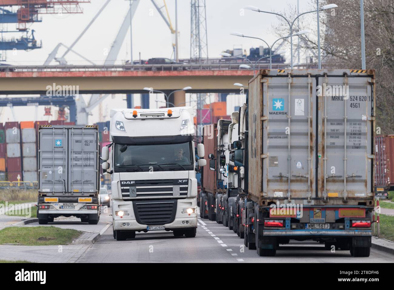 Trucks waiting in line to Gdynia Container Terminal in Gdynia, Poland ...