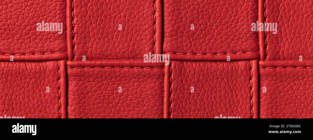 Texture of dark red leather background with square pattern and stitch ...