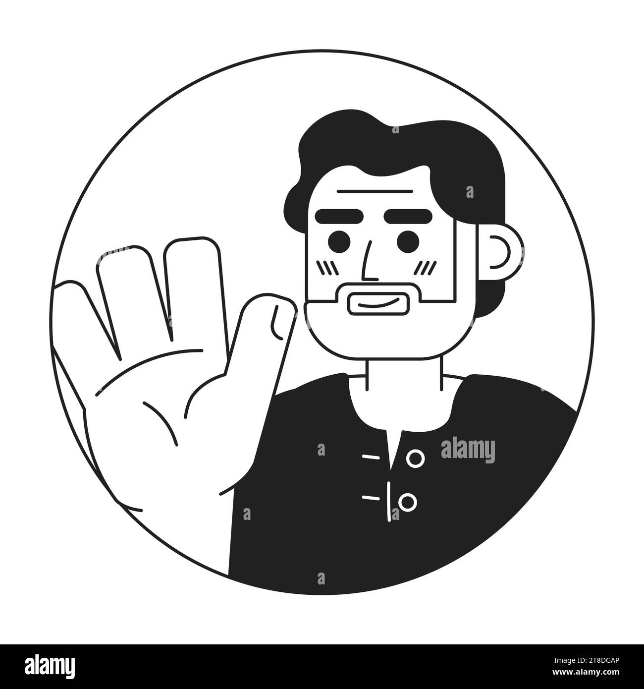 Hispanic old man waving hand greeting black and white 2D vector avatar ...