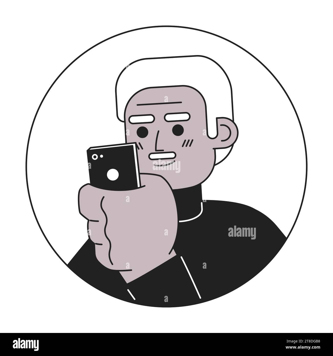 Mustache african american old man looking at phone black and white 2D ...