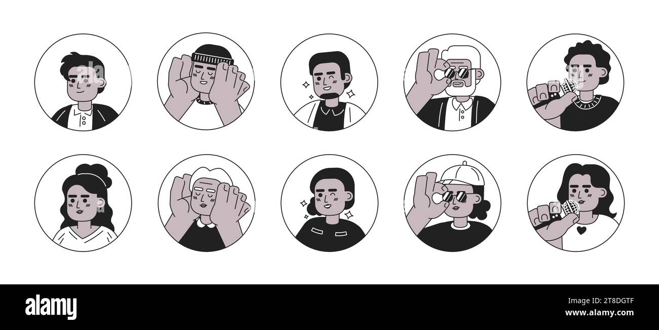 Modern african-american people black and white 2D vector avatars ...