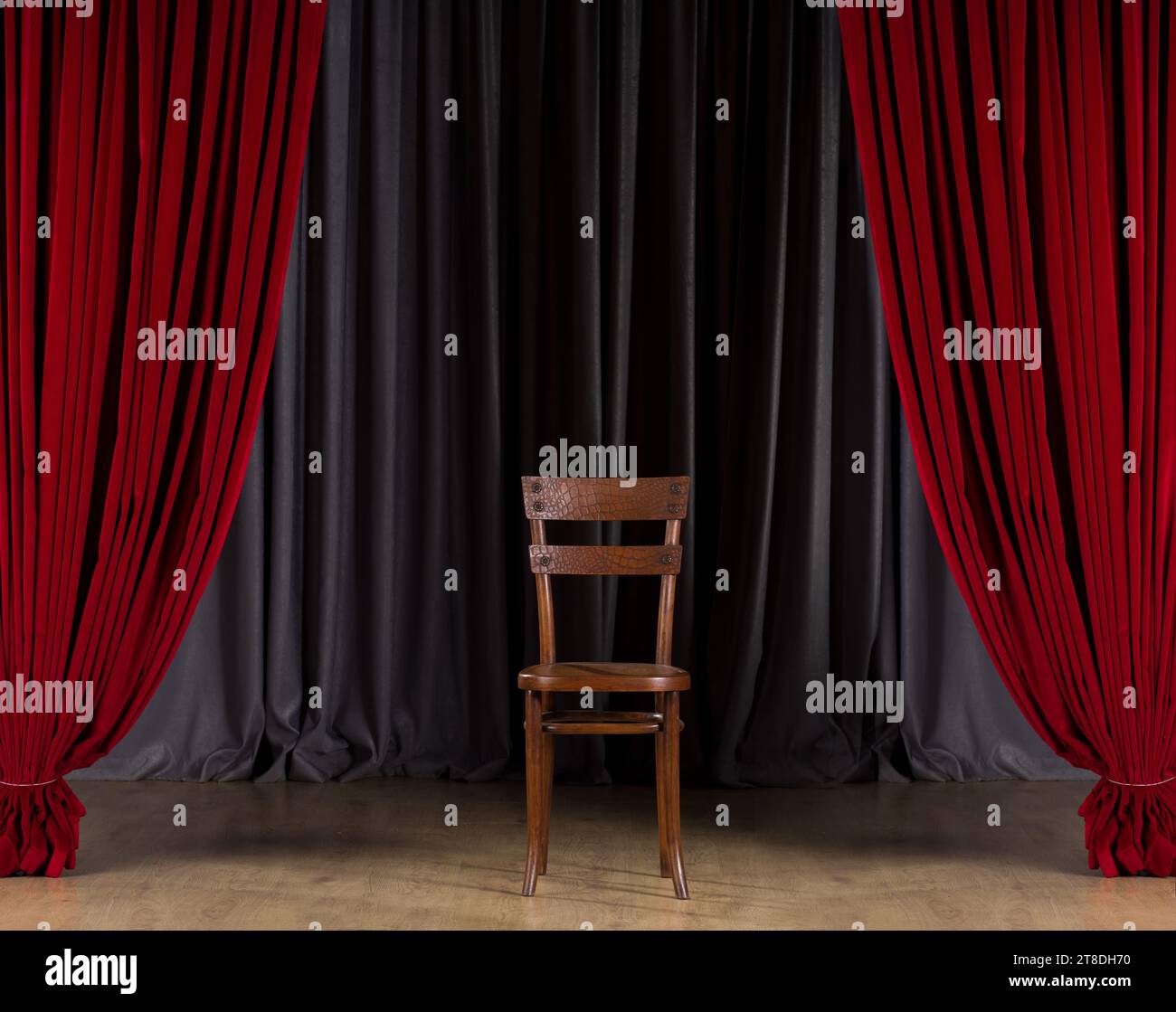 Vintage wooden chair in show stage. Chair on empty stage with red ...
