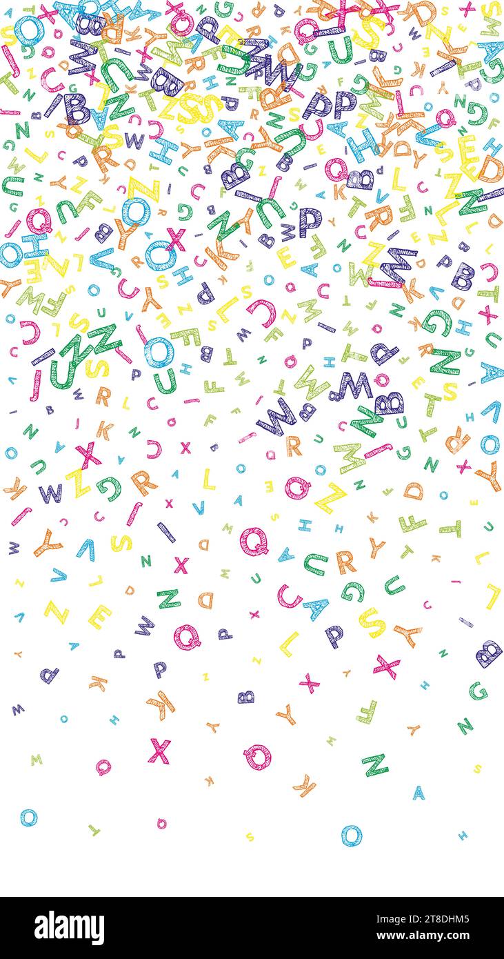 Falling letters of English language. Colorful messy sketch flying words ...