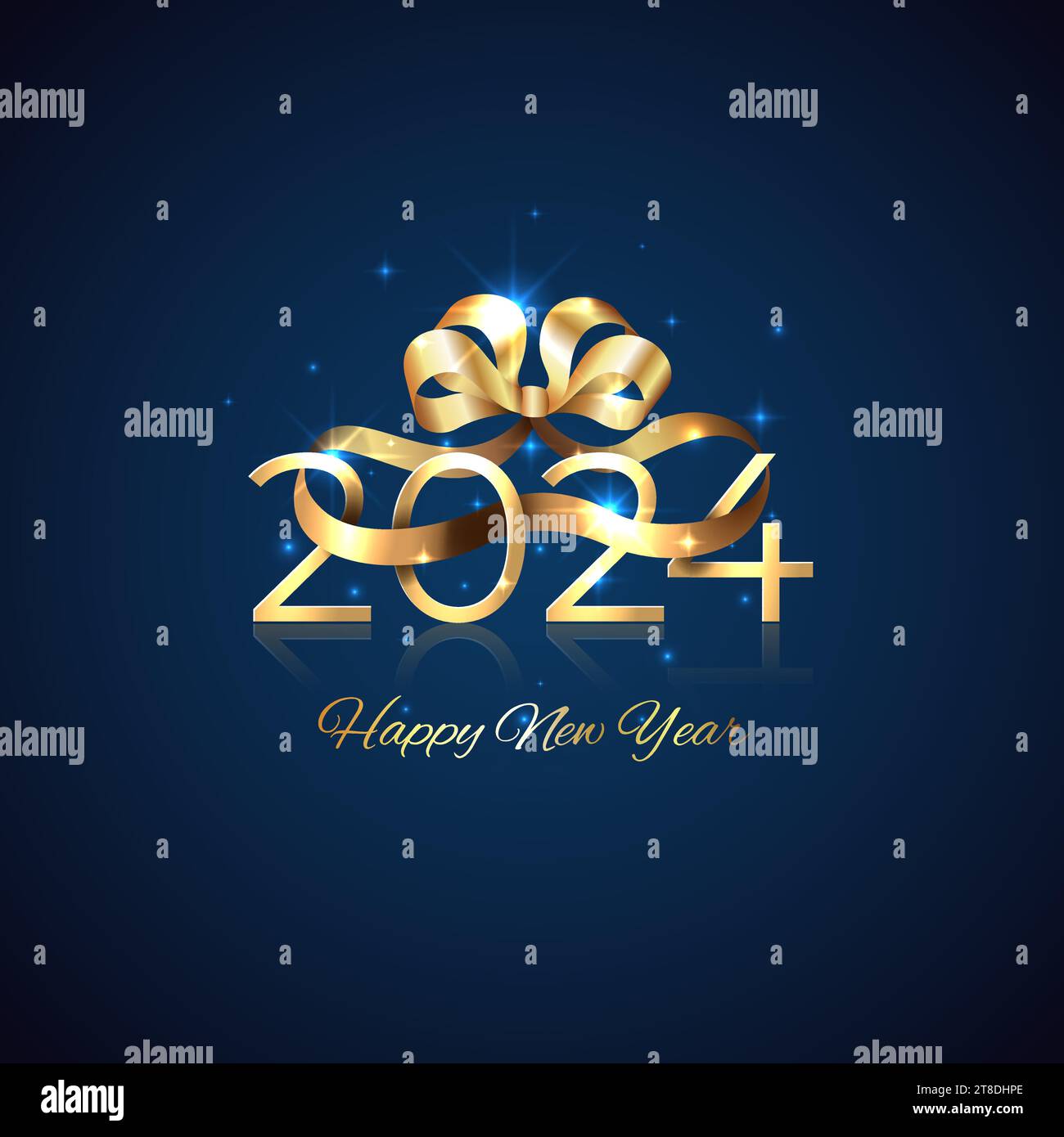 Happy New Year 2024, 24. Shiny golden 2024, ribbon bow on blue ...