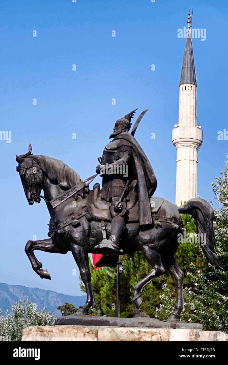 The Skanderbeg Monument, Monumenti i Skënderbeut, and the minaret of Et ...
