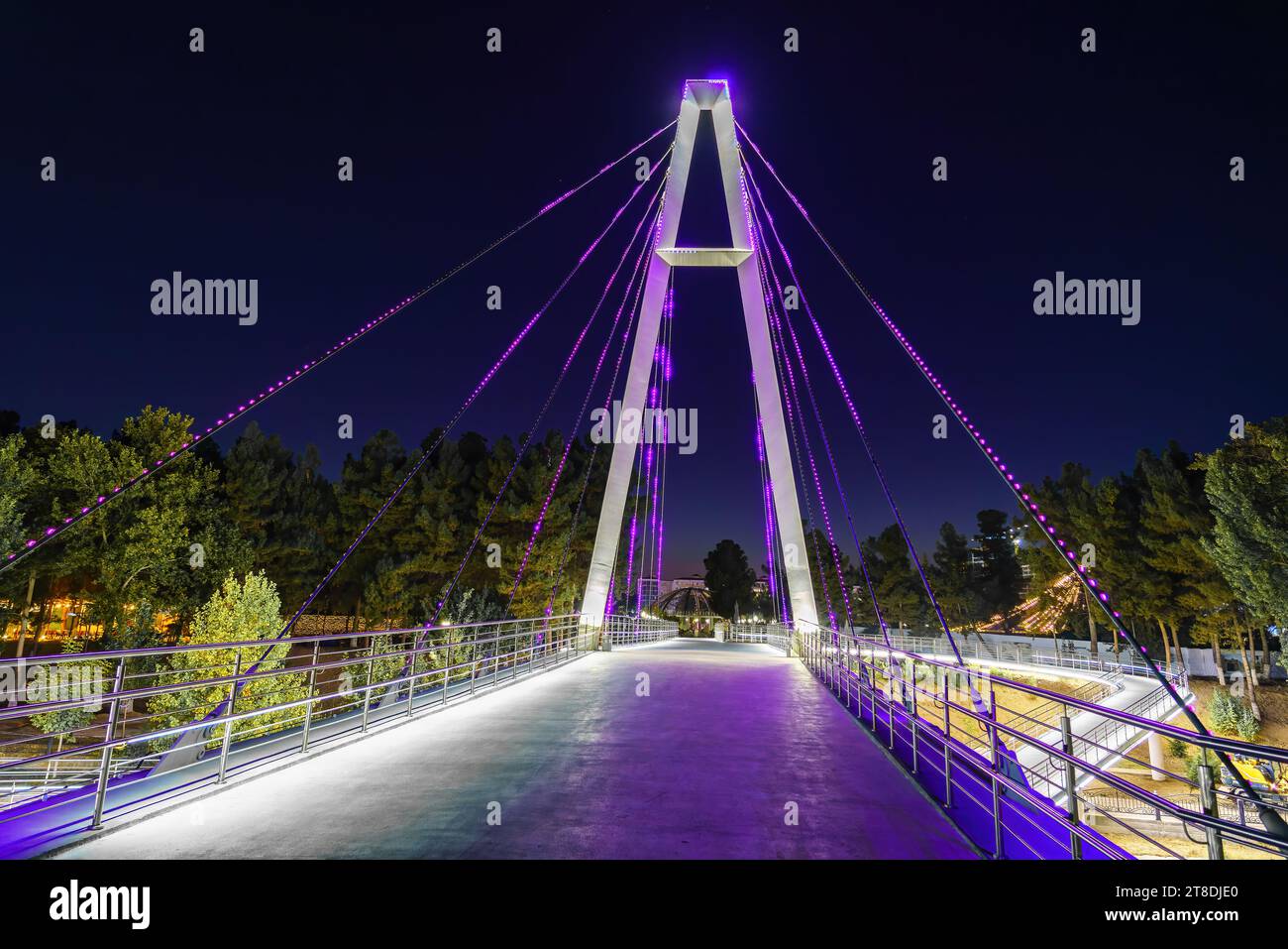 Modern footbridge with steel cables across the Anhor canal in Navruz ...