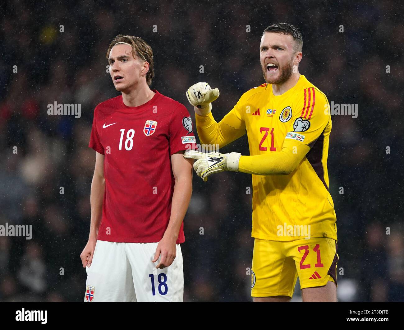 Norway's Kristian Thorstvedt and Scotland goalkeeper Zander Clark ...