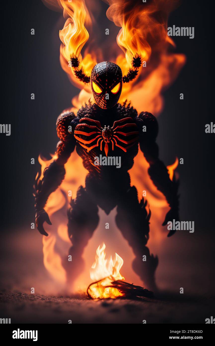 A plastic fire-made figurine of a flame demon, as seen from a person's ...