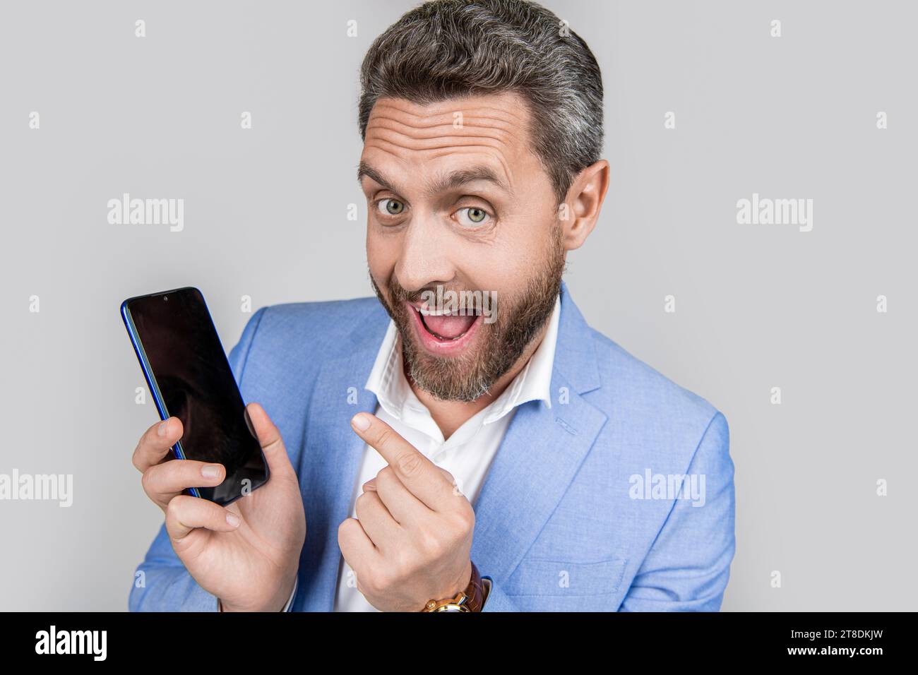 Man in suit offer new app. Product proposal. Advertisement presentation ...
