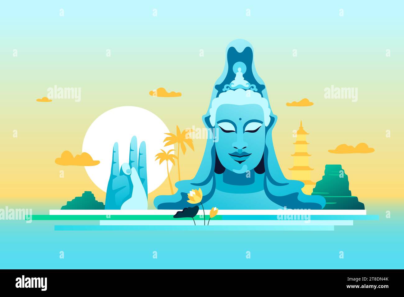 Sunrise at Thanh Luong Phu Yen pagoda - colored vector illustration ...