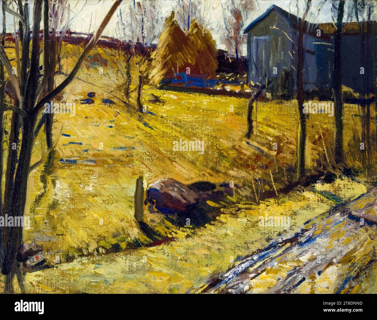 George Bellows, Haystacks and Barn, painting in oil on canvas, 1909 ...