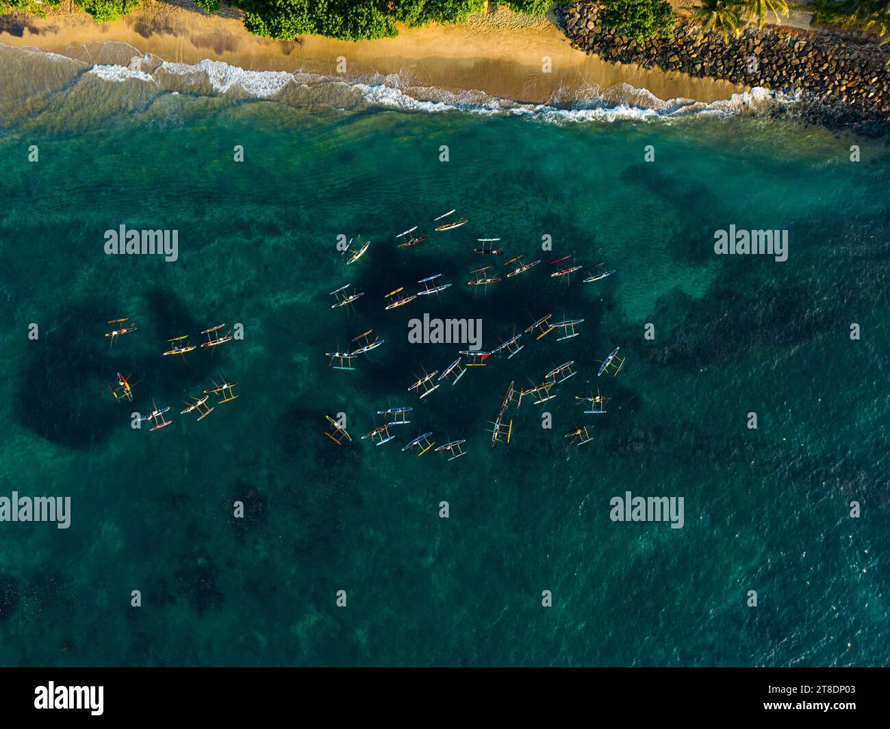 Aerial view of traditional oruwa boats as local fishermen navigate the ...