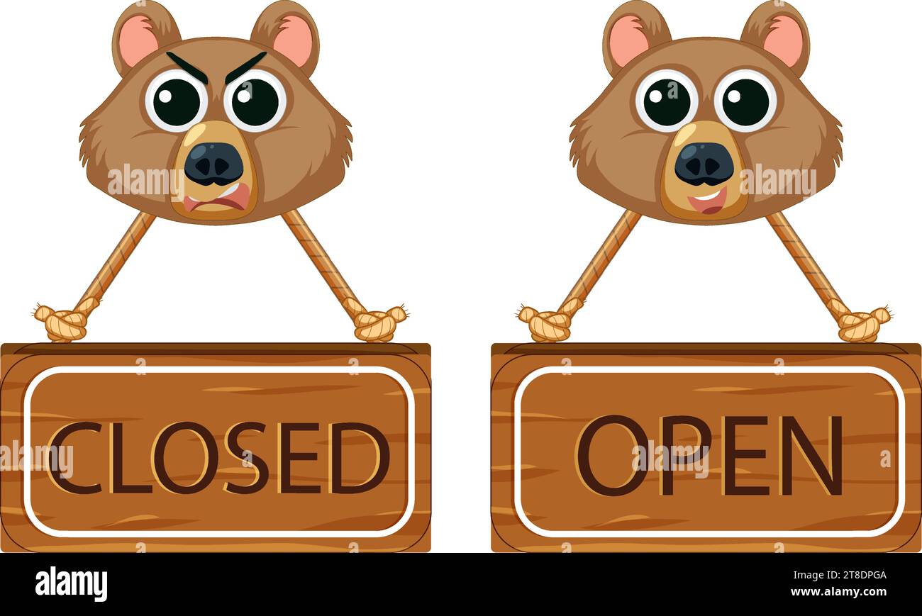 A vector cartoon illustration of a bear-faced closed and open sign ...