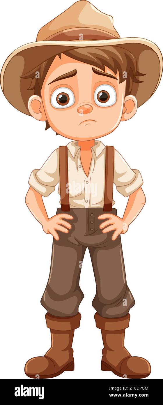 A vector cartoon illustration of a bored and sad boy wearing farmer ...